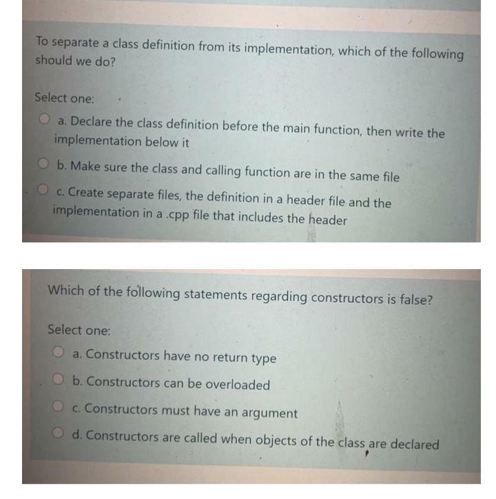 Solved To separate a class definition from its | Chegg.com