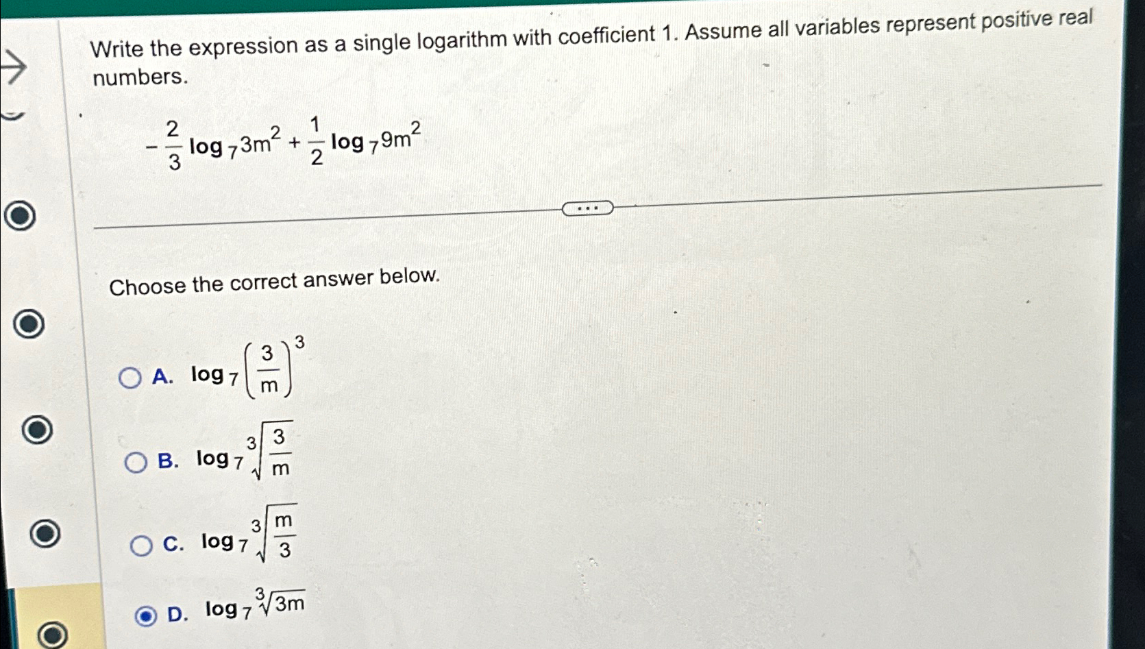Solved Write the expression as a single logarithm with | Chegg.com