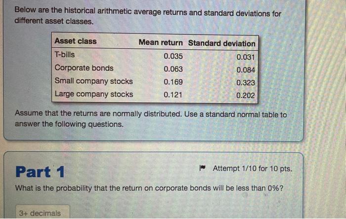 Solved Below are the historical arithmetic average returns | Chegg.com