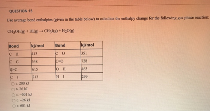Solved QUESTION 15 Use average bond enthalpies (given in the | Chegg.com