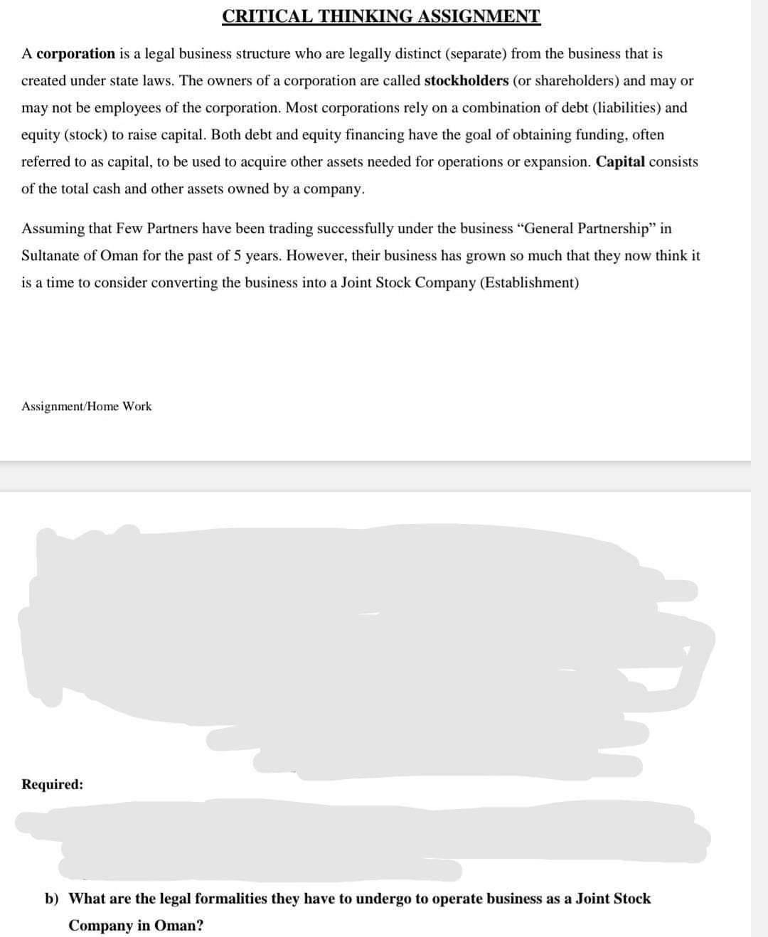 Solved CRITICAL THINKING ASSIGNMENT A corporation is a legal | Chegg.com