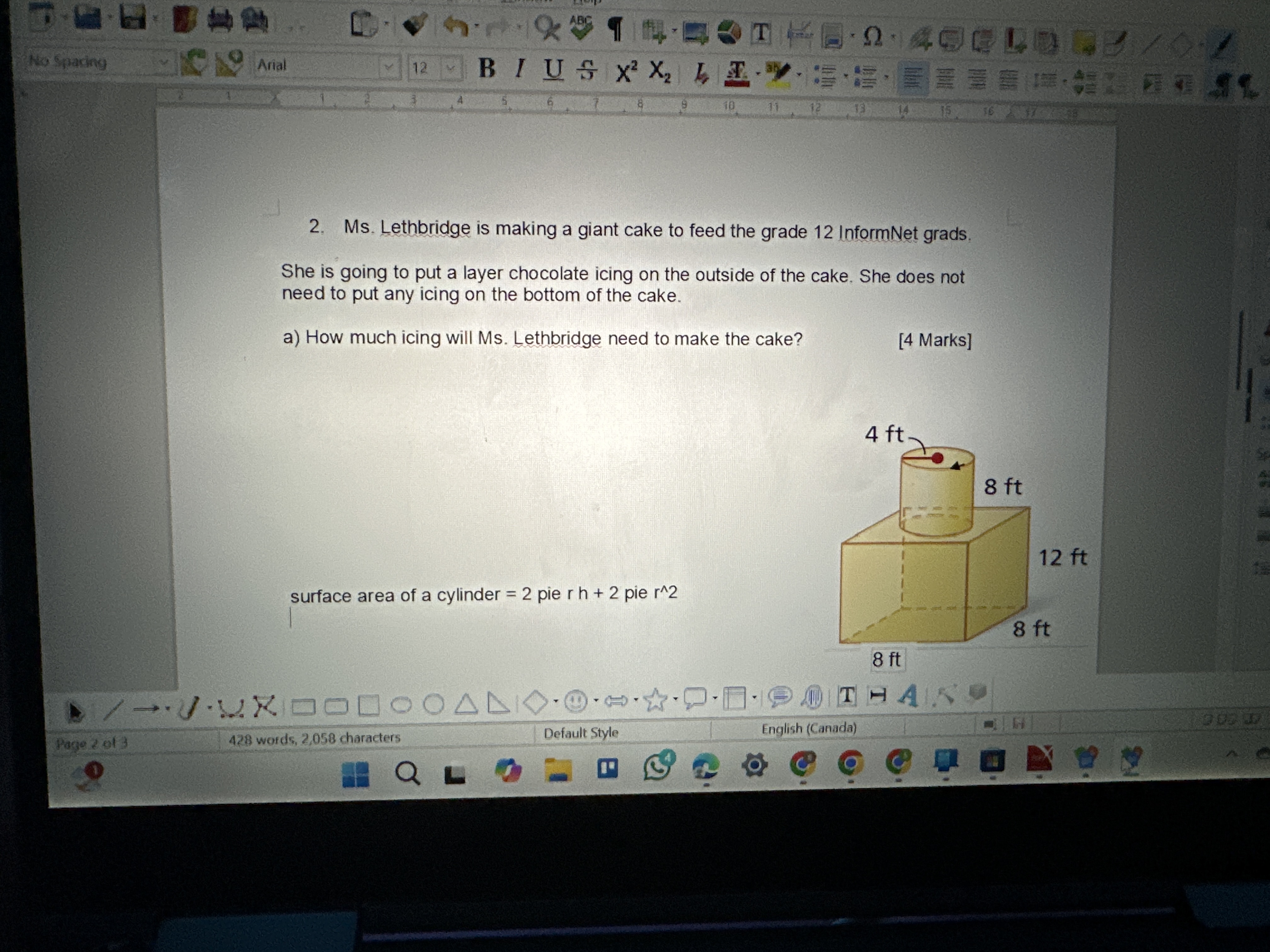 Solved 2. ﻿Ms. ﻿Lethbridge is making a giant cake to feed | Chegg.com