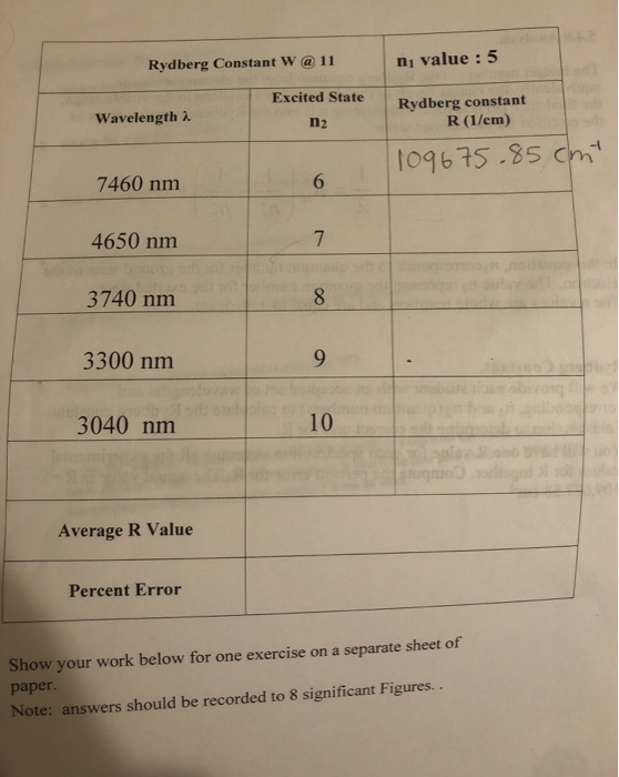 Solved Rydberg Constant W @ 11 n, value : 5 Excited State | Chegg.com