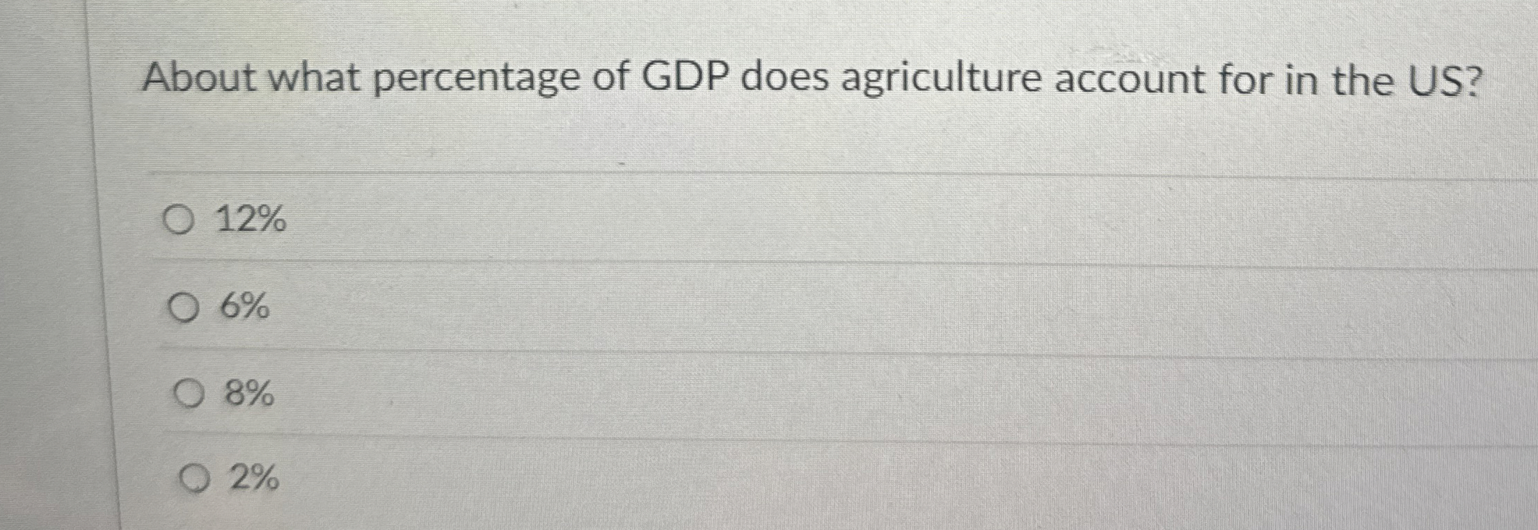 Solved About what percentage of GDP does agriculture account | Chegg.com