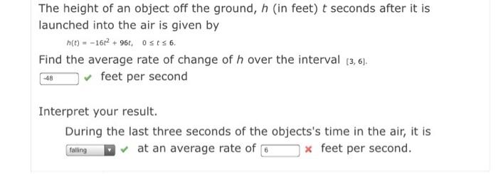 Solved The height of an object off the ground, h (in feet) t | Chegg.com
