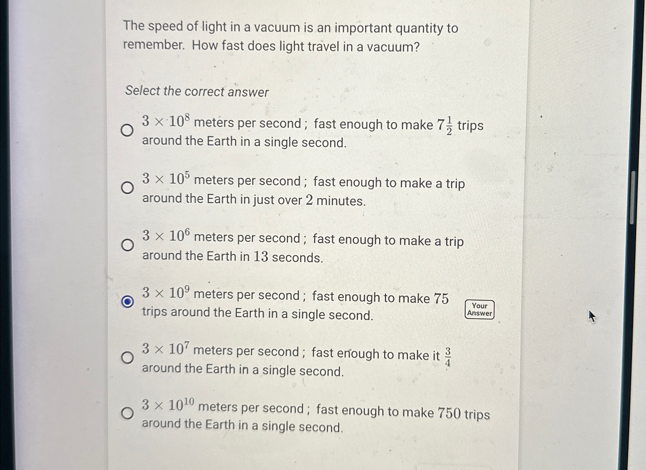 Solved The speed of light in a vacuum is an important | Chegg.com