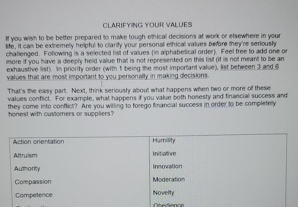 Solved CLARIFYING YOUR VALUES If you wish to be better | Chegg.com