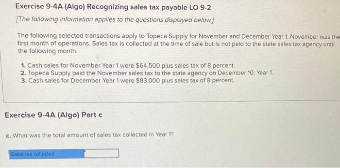 Solved Exercise 9-4A (Algo) Recognizing sales tax payable LO | Chegg.com