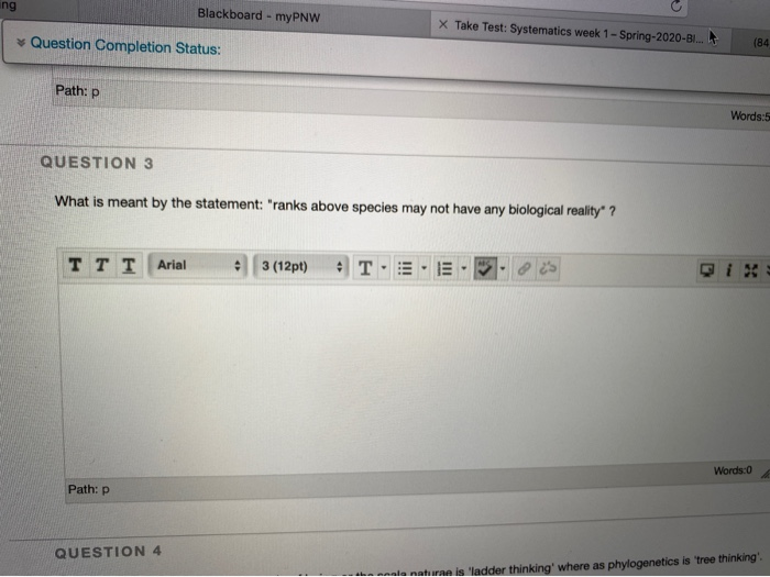 Solved ng Blackboard - myPNW X Take Test: Systematics week 1 | Chegg.com
