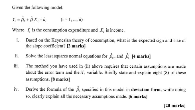 Given the following model: Yi=β^0+β^1Xi+u^i(i=1,…,n) | Chegg.com