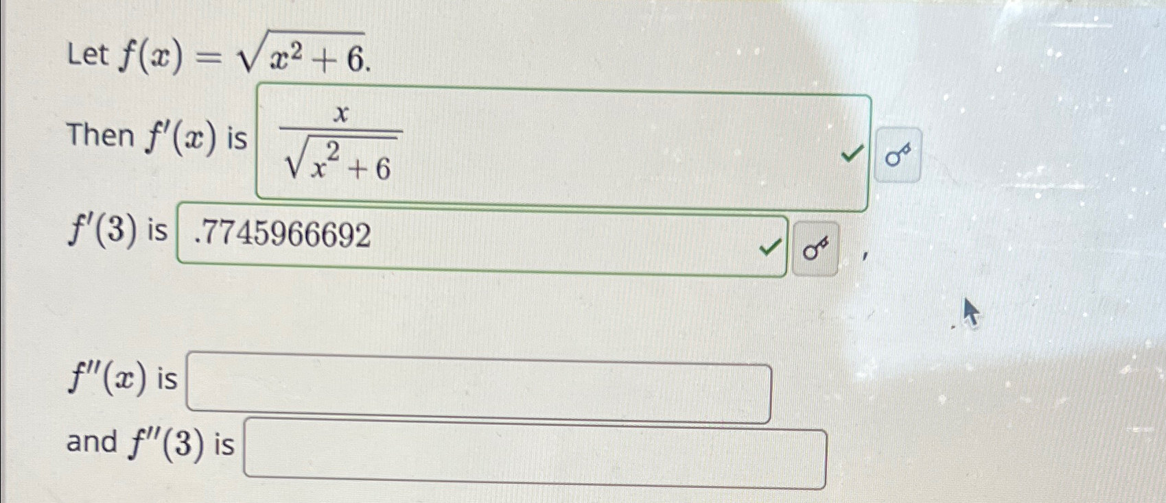 Solved Let f(x)=x2+62.Then f'(x) ﻿is xx2+62 0° f'(3) ﻿is | Chegg.com