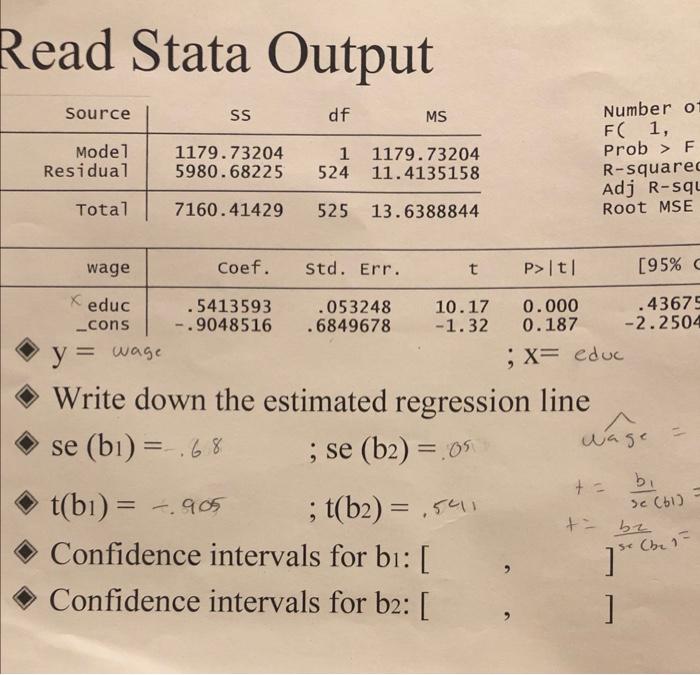 Solved Read Stata Output Number o F 1 , Prob >F R-square Adj | Chegg.com