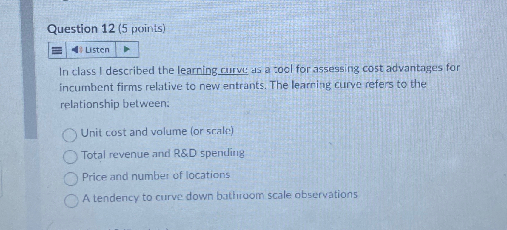 Solved Question 12 (5 ﻿points)ListenIn class I described the | Chegg.com