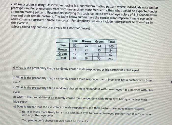 Solved 2.20 Assortative mating: Assortative mating is a | Chegg.com