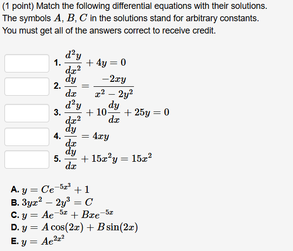 Solved (1 ﻿point) ﻿Match the following differential | Chegg.com
