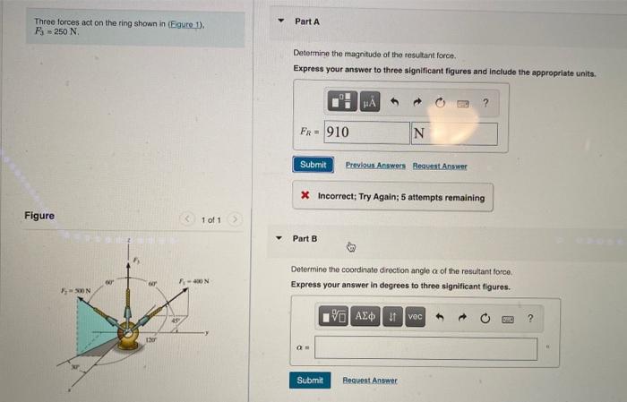 Solved Three forces act on the ring shown in (Egure 1), | Chegg.com