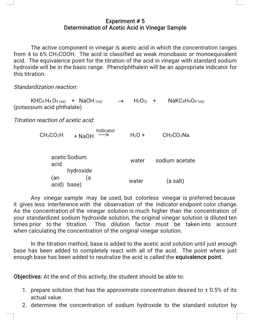 Experiment # 5 Determination of Acetic Acid in | Chegg.com
