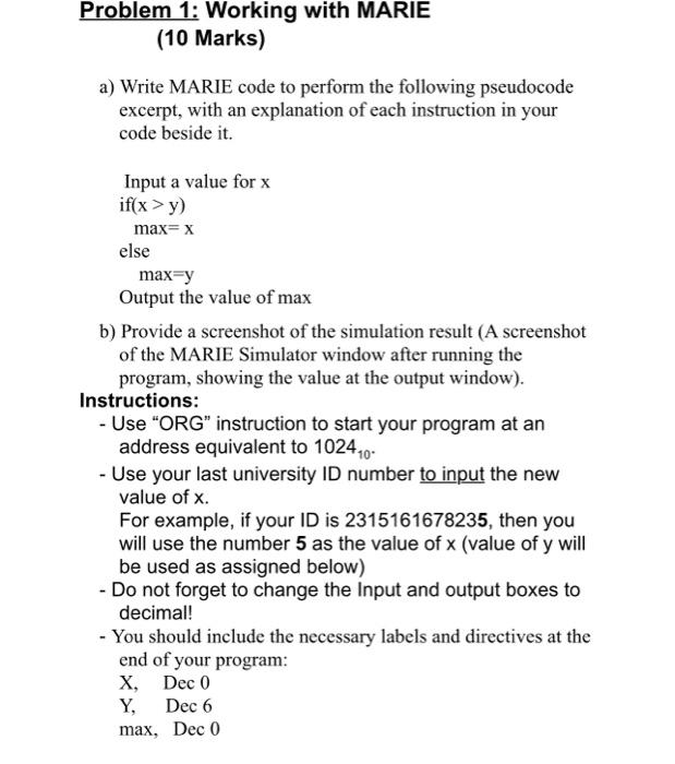 Solved Problem 1: Working with MARIE (10 Marks) a) Write | Chegg.com