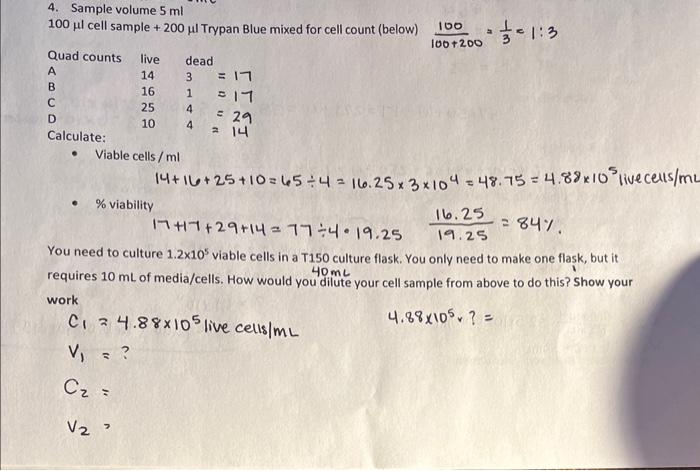 4. Sample volume 5ml 100μl cell sample +200μI Trypan | Chegg.com