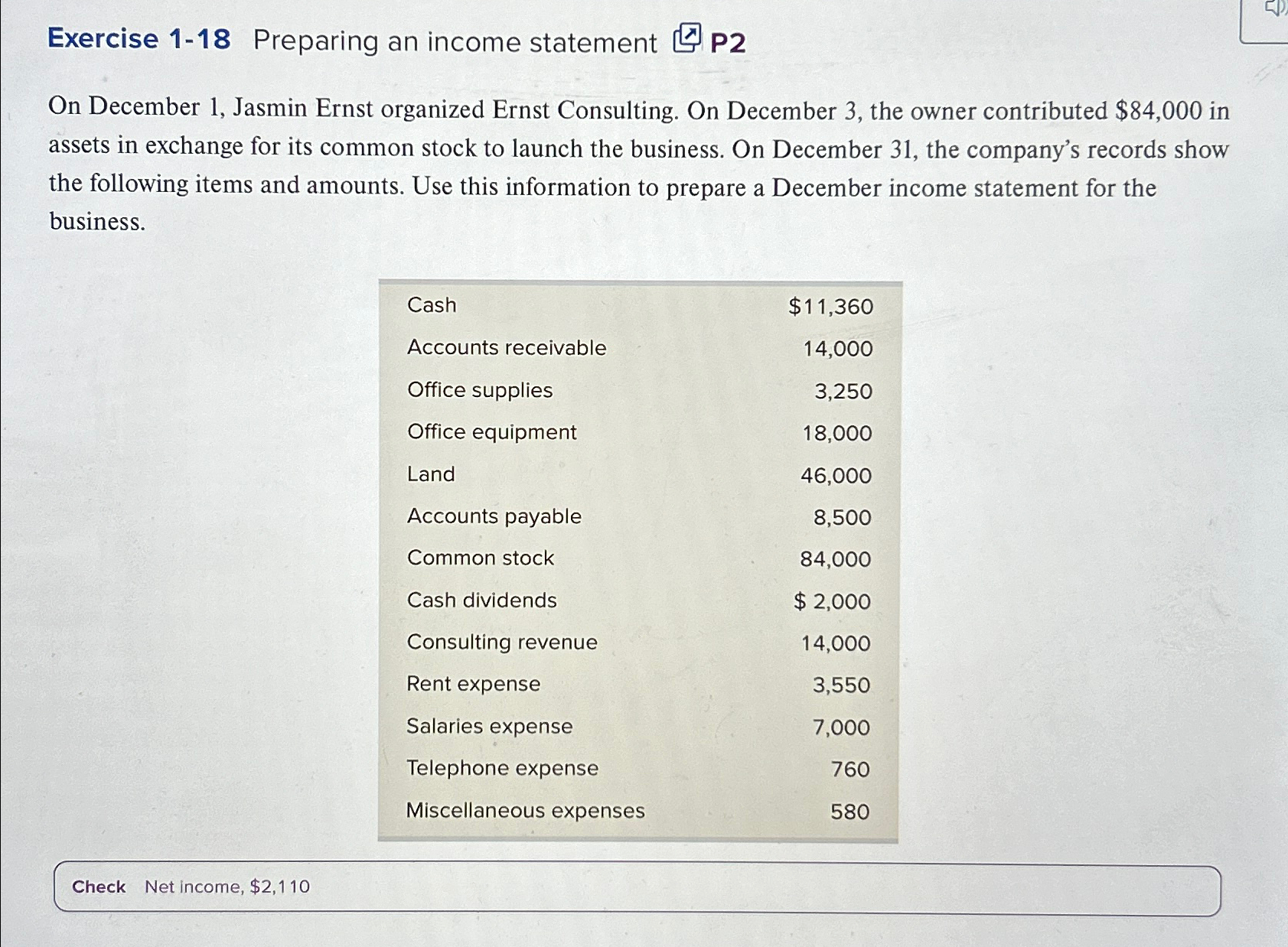 Exercise 1-18 ﻿Preparing an income statement P2On | Chegg.com