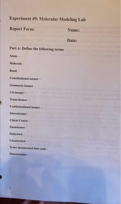 Solved Experiment 9 Molecular Modeling Lab Report Form