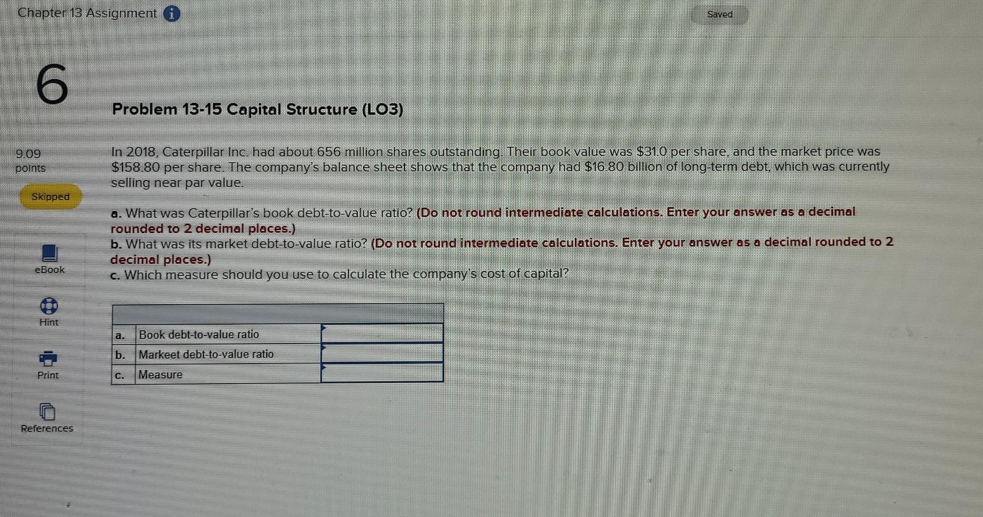 Solved Chapter 13 Assignment I Saved 6 Problem 13 15 Capital 5375
