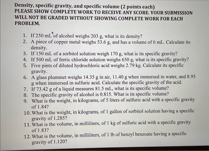 Solved Density, specific gravity, and specific volume (2 | Chegg.com