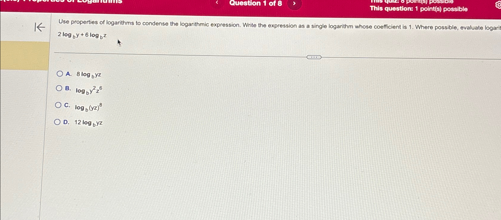 Solved Question 1 ﻿of 8This question: 1 ﻿point(s) | Chegg.com