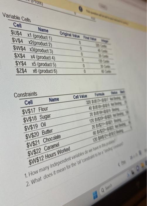 Solved Variable Cells Cell Profit) Name $U$4 x1 (product 1) | Chegg.com