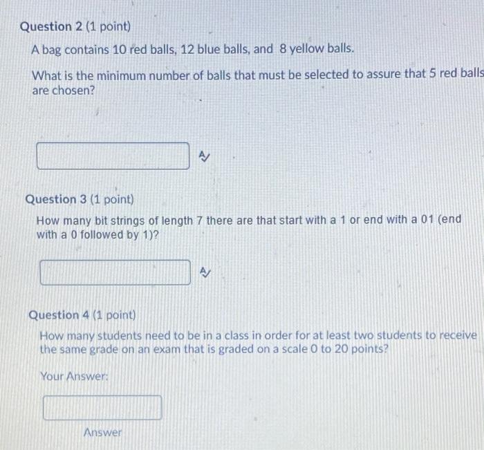 Solved Question 2 (1 point) A bag contains 10 red balls, 12 | Chegg.com Solved Question 2 (1 point) A bag contains 10 red balls, 12 | Chegg.com