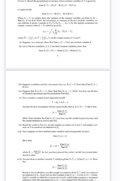 Solved Exercise 2. Recall the population) covariance of twe | Chegg.com