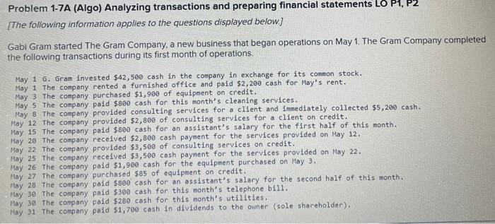 Solved Problem 1-7A (Algo) Analyzing transactions and | Chegg.com