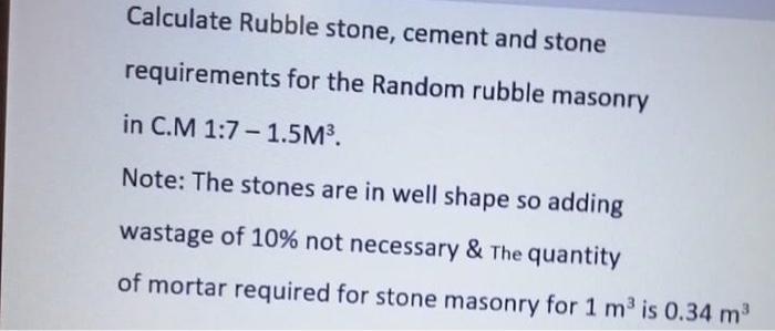Solved Calculate Rubble stone, cement and stone requirements | Chegg.com