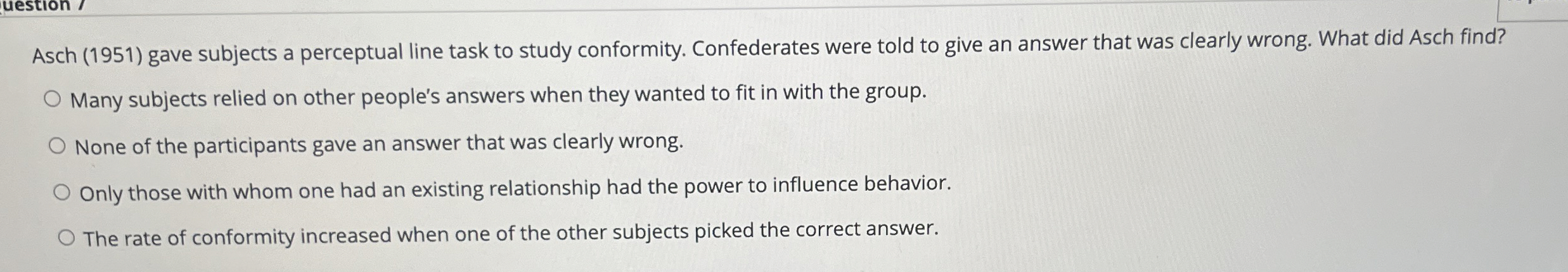 Solved Asch (1951) ﻿gave subjects a perceptual line task to | Chegg.com