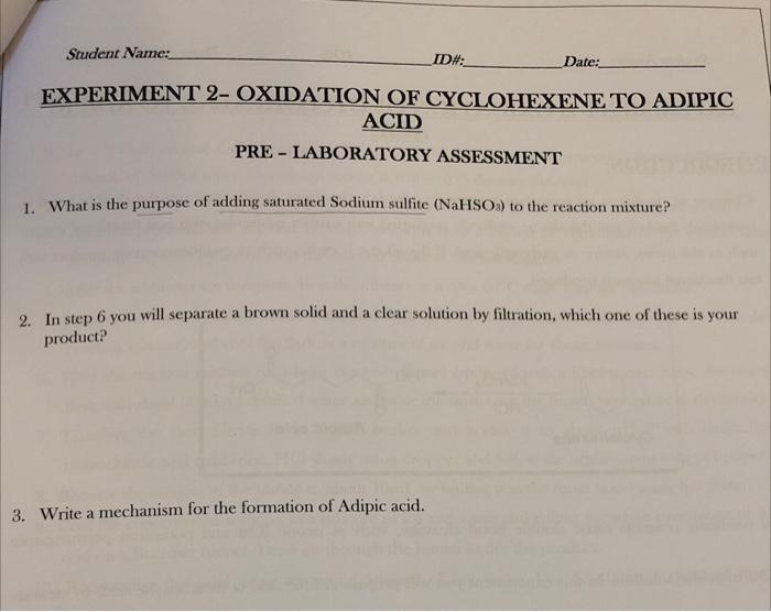 Student Name: ID#: Date: EXPERIMENT 2-OXIDATION OF | Chegg.com