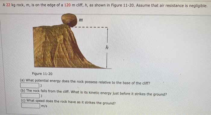 Solved A 22 kg rock, m, is on the edge of a 120 m cliff, h, | Chegg.com