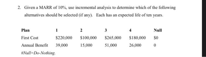 Solved 2. Given a MARR of 10%, use incremental analysis to | Chegg.com