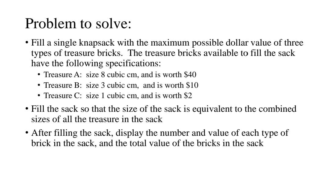 Solved Problem to solve: - Fill a single knapsack with the | Chegg.com