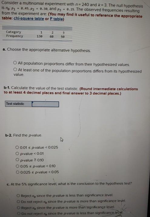 Solved Consider a multinomial experiment with n=240 and k= | Chegg.com