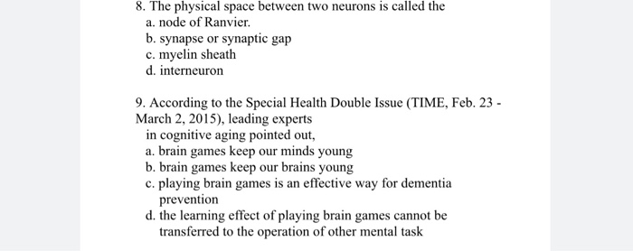 Solved 8. The physical space between two neurons is called | Chegg.com