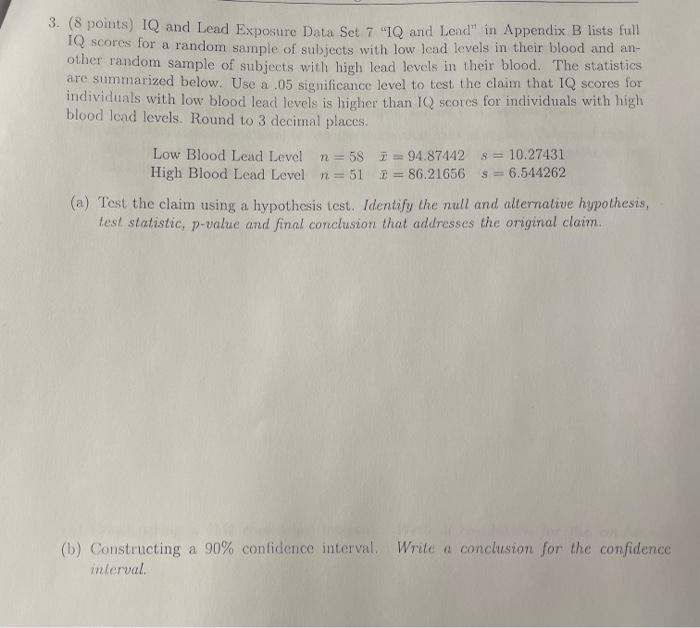 3. (8 points) 1Q and Lead Exposure Data Set 7 "IQ and | Chegg.com