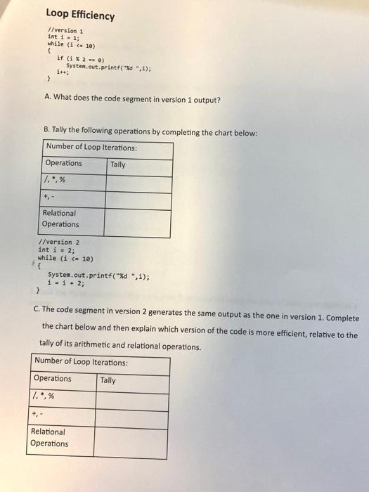 Solved Loop Efficiency /fversion 1 int 1=1 while (i \& 10) 1 | Chegg.com