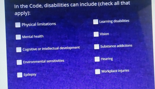 Solved In the Code, disabilities can include (check all that | Chegg.com