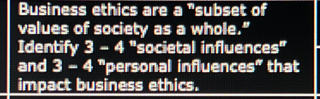 Solved Business ethics are a "subset of values of society as | Chegg.com