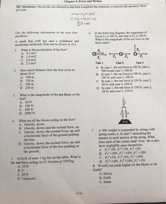 Solved Chapter 4: Force and Motion MC Questions: Choose the | Chegg.com