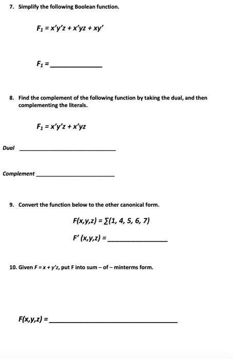 Solved 7. Simplify the following Boolean function. F1 = | Chegg.com