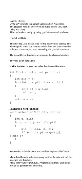 Solved LAB 1: CS 425 Write a Program to implement Selection | Chegg.com Solved LAB 1: CS 425 Write a Program to implement Selection | Chegg.com