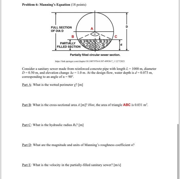 Solved Problem 6: Manning's Equation (18 points) | Chegg.com