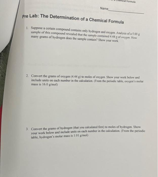 Solved Pre Lab: The Determination of a Chemical Formula 1. | Chegg.com