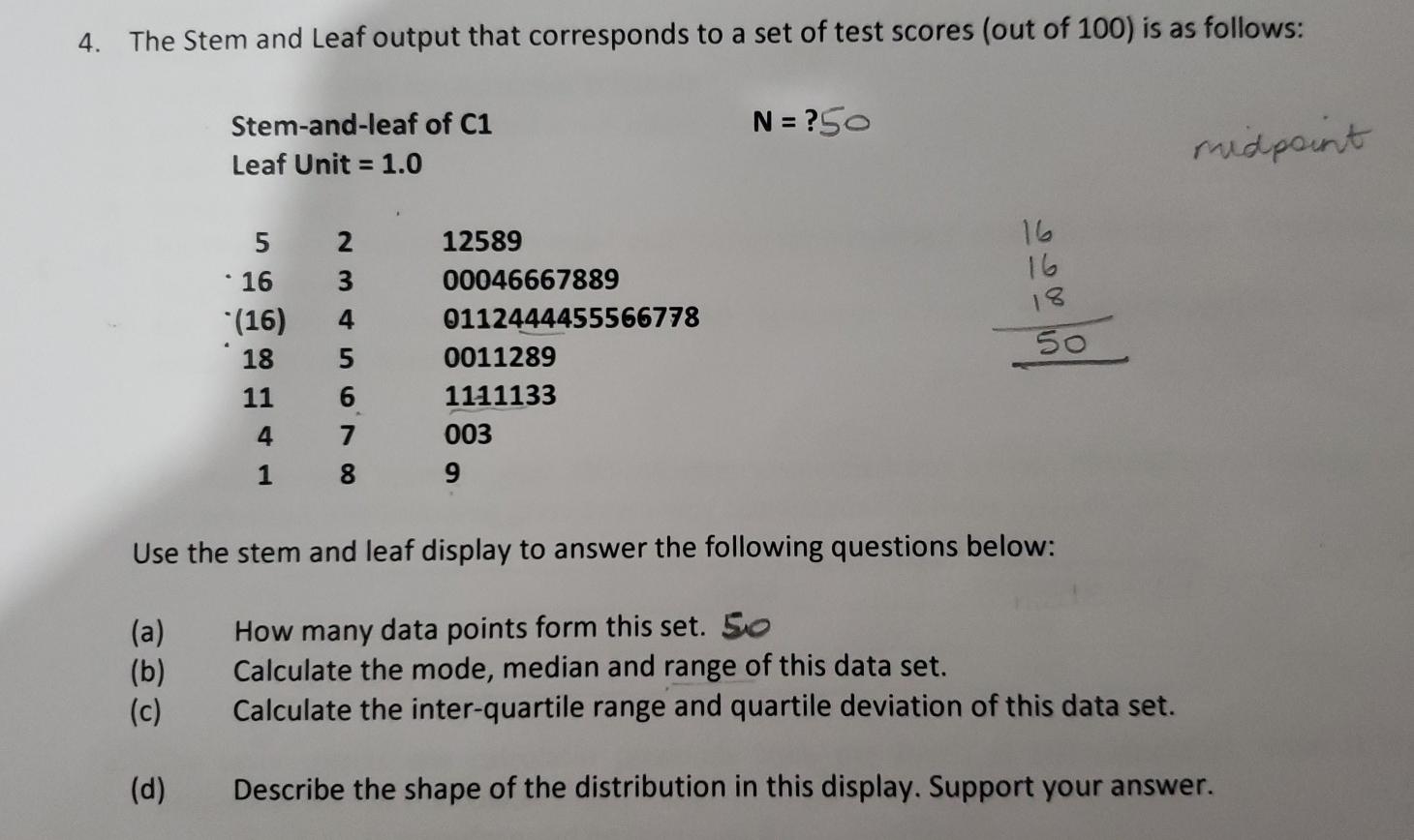 Solved 4. The Stem and Leaf output that corresponds to a set | Chegg.com
